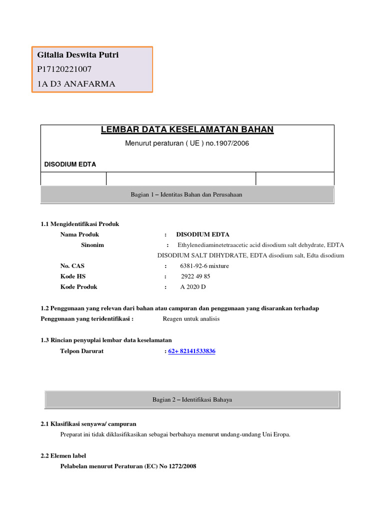 Gitalia Deswita Putri - 1A - P17120221007 - Tugas (4) MSDS DISODIUM EDTA (Revisi 2) | PDF ...