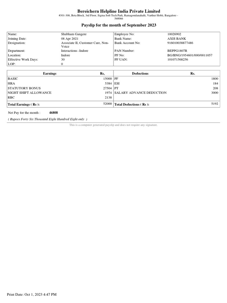 Payslip Sep 2023 | PDF | Employee Relations | Working Conditions