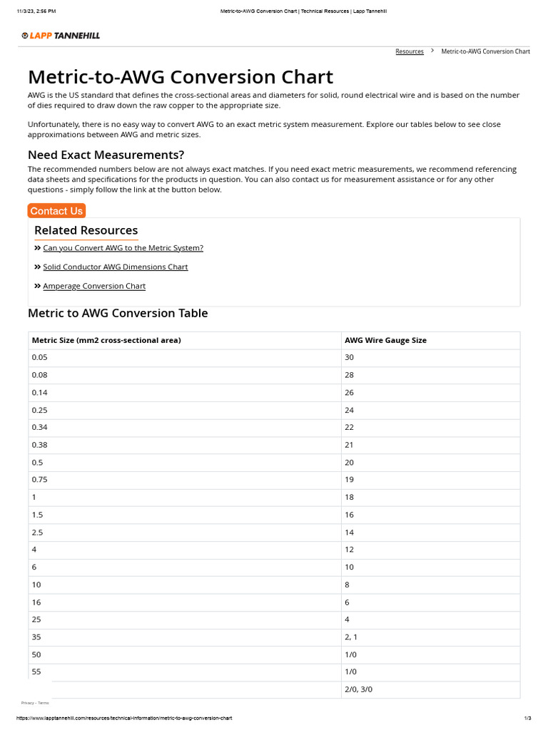 Metric-to-AWG Conversion Chart - Technical Resources - Lapp Tannehill ...