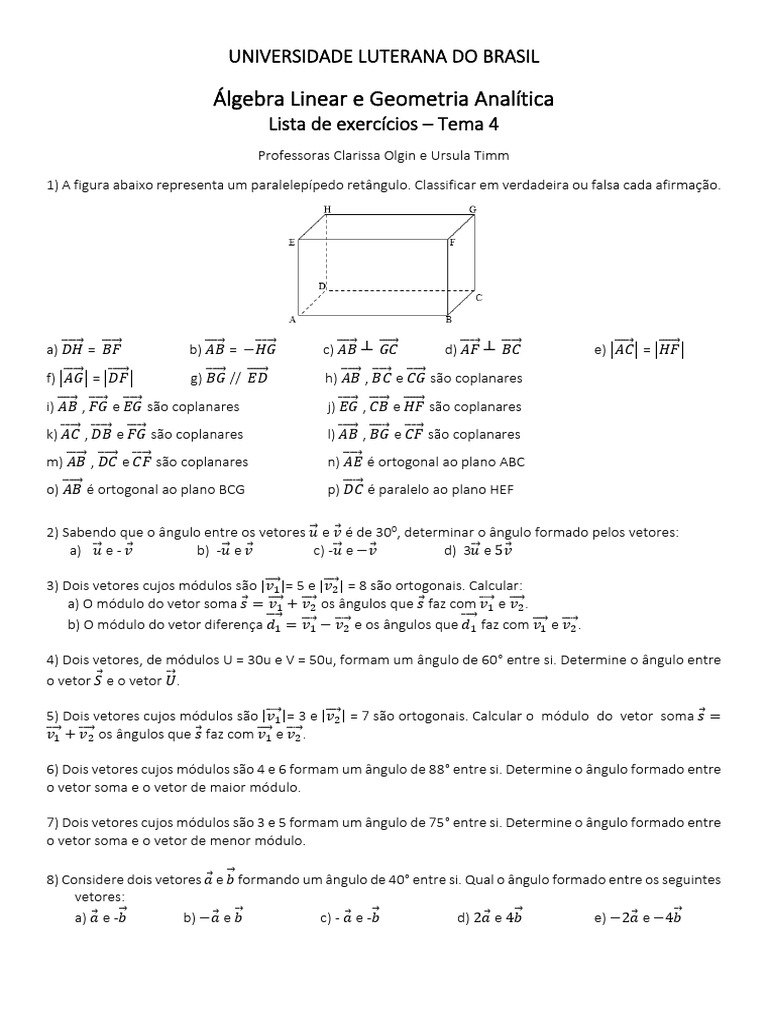 Exercícios de Álgebra Linear e Vetores | PDF | Vetor euclidiano ...