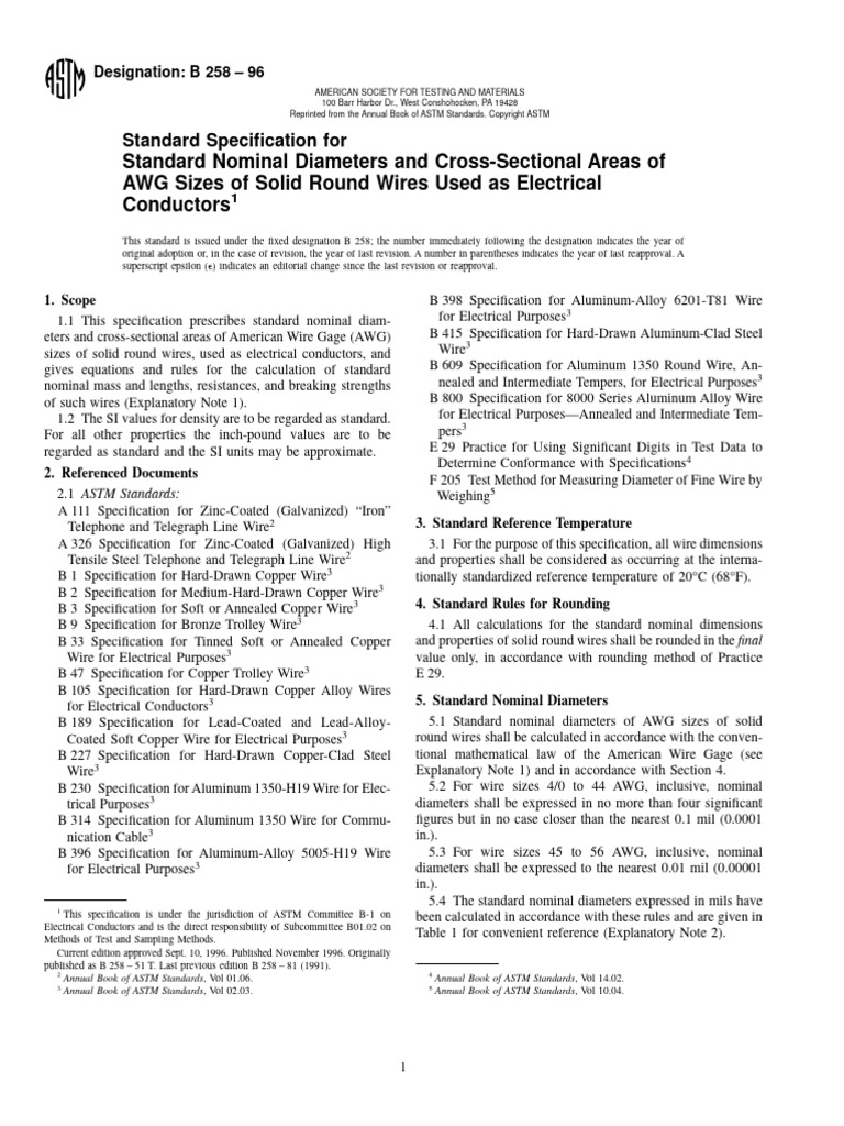 ASTM B258 Diameters and Cross-Sectional Areas of AWG Sizes of Solid ...