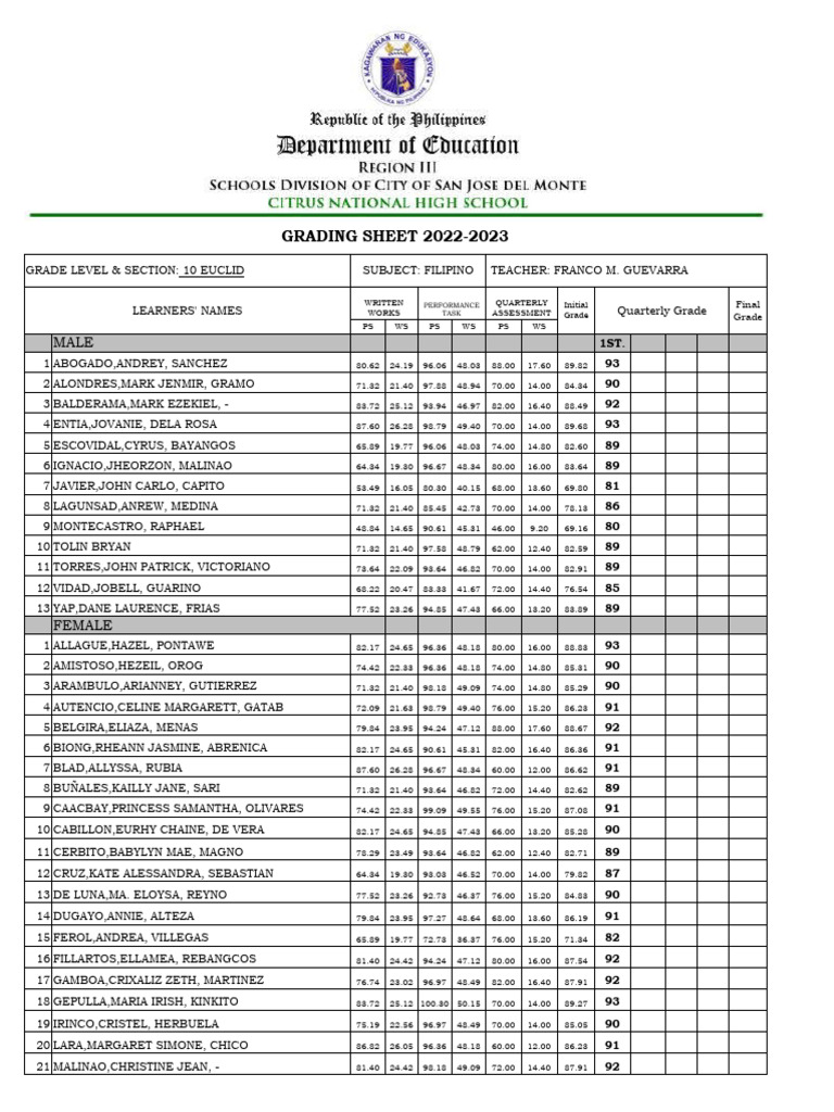 Grading Sheet 10 Euclid 2023 | PDF