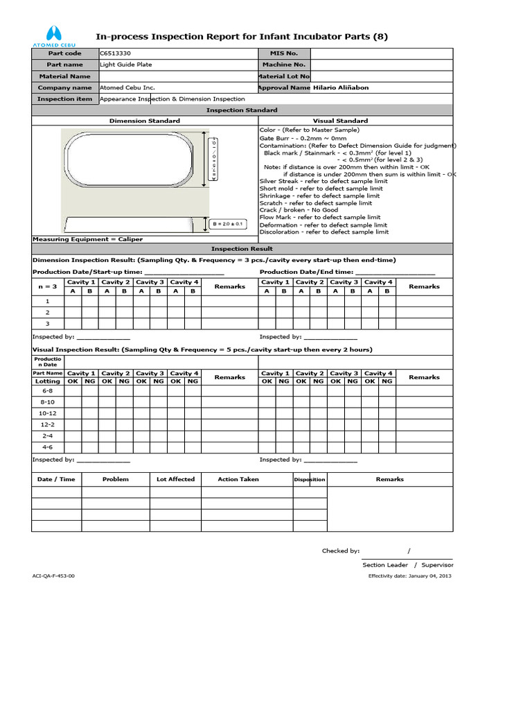 In-Process Inspection Report For Infant Incubator Parts | PDF ...
