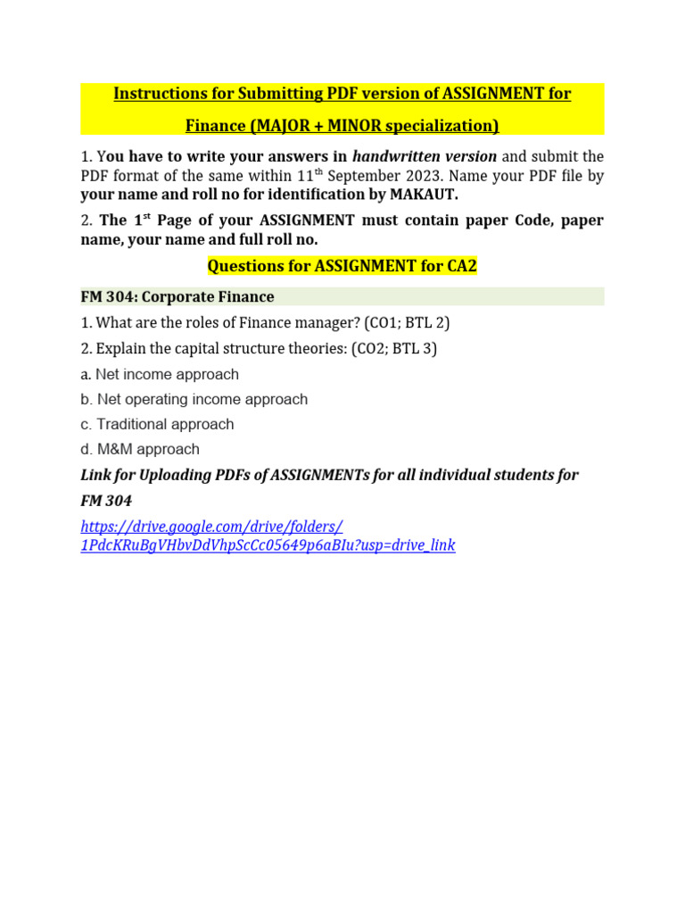 Assignment For CA2 - Corporate Finance | PDF