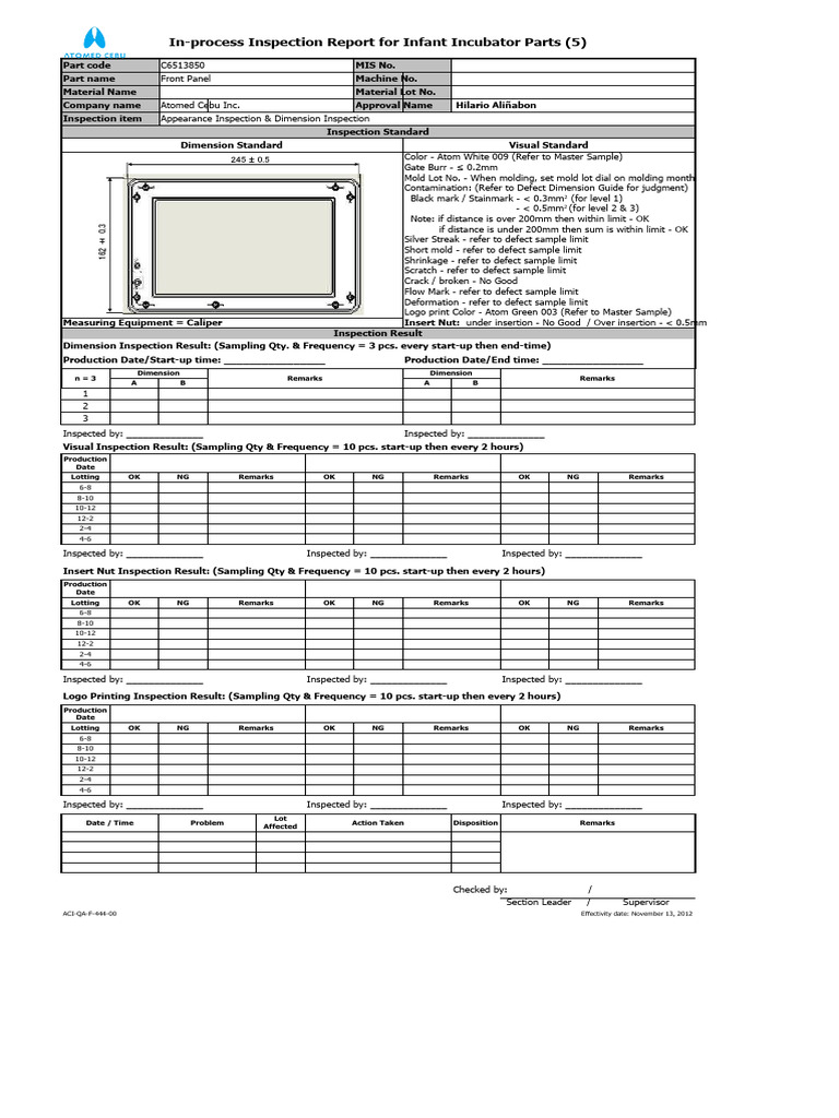 In-Process Inspection Report For Infant Incubator Parts | PDF ...