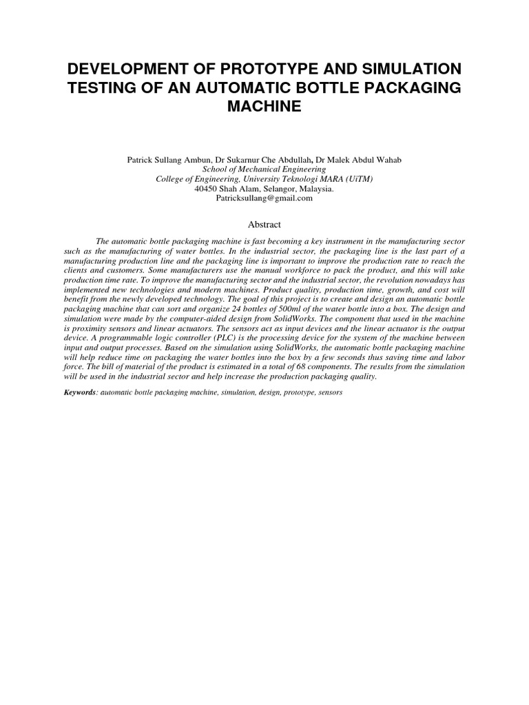 DEVELOPMENT OF PROTOTYPE AND SIMULATION TESTING OF AN AUTOMATIC BOTTLE ...