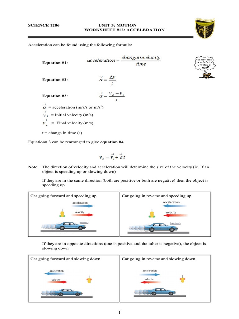 Science 1206 Physics Worksheet 12 Acceleration | PDF | Acceleration | Speed