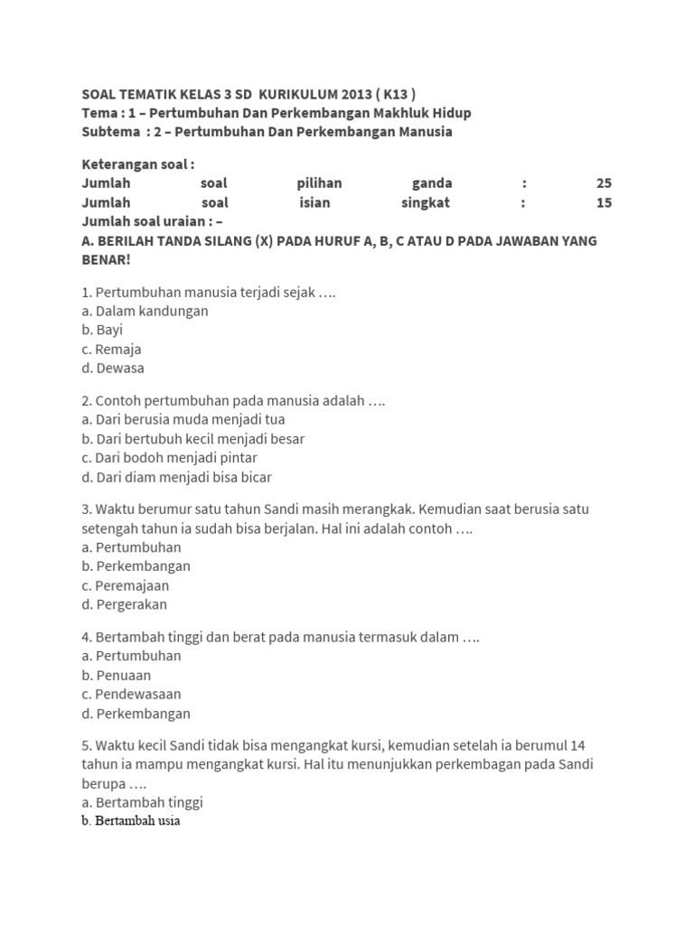 Soal Tema 1 Sub 2 Kelas 3 SD | PDF