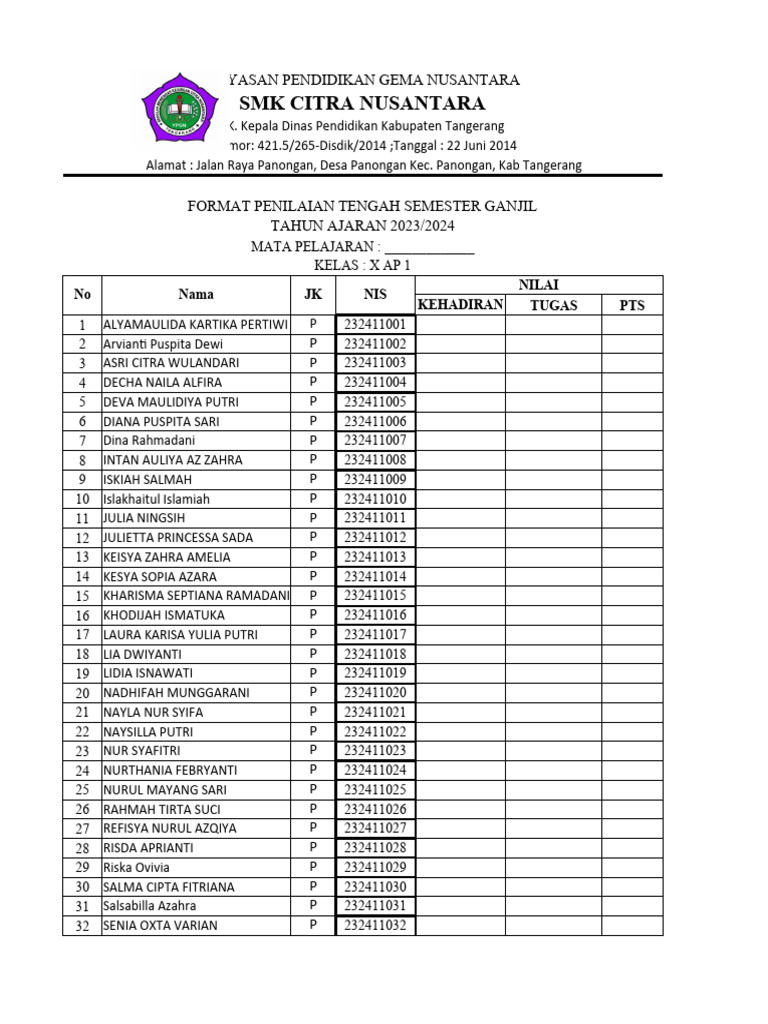 Format Nilai Pts 10 | PDF