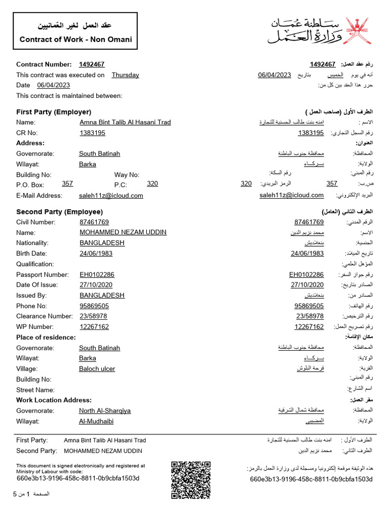 Non-Omani Work Contract | PDF | Employment | Labour Law