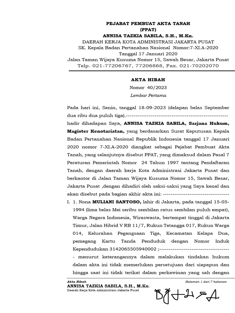 Akta Hibah Tanah Jakarta Pusat | PDF | Hukum