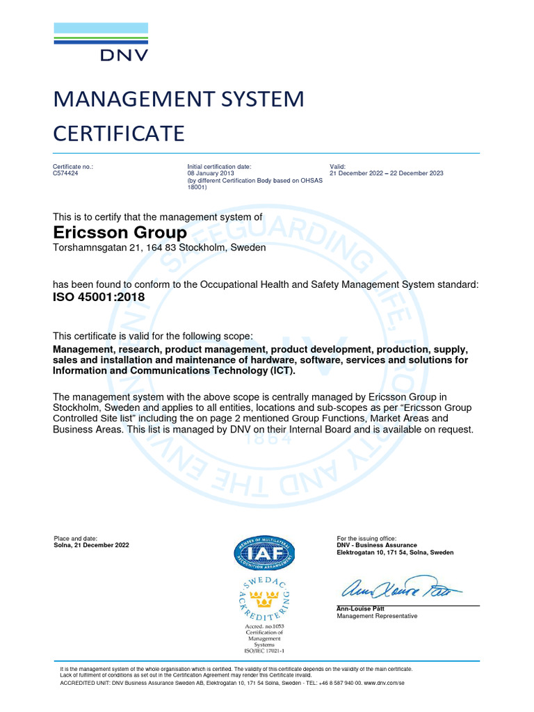 Ericsson - Iaf Iso 45001 - Ericsson Group | Download Free PDF | Ericsson | Certification