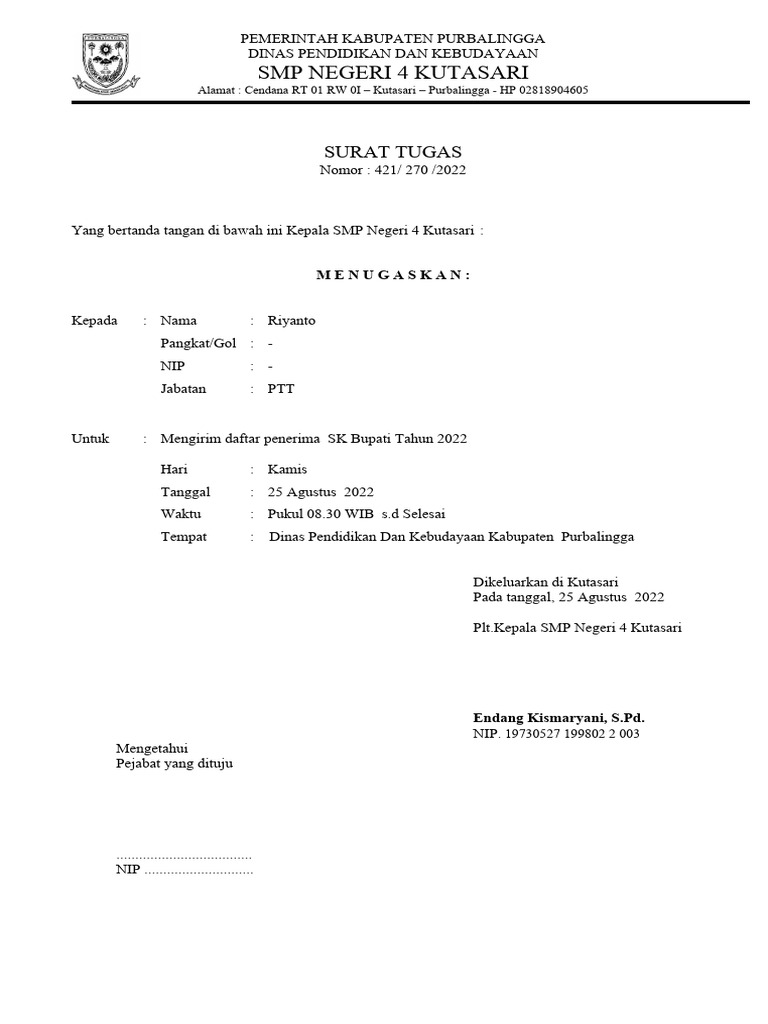 Surat Tugas SMPN 4 Kutasari 2022 | PDF