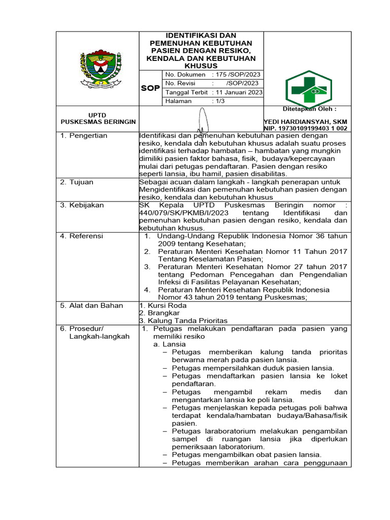 V Sop Identifikasi Dan Pemenuhan Kebutuhan Pasien Dengan Resiko, Kendala Dan Kebutuhan Khusus | PDF