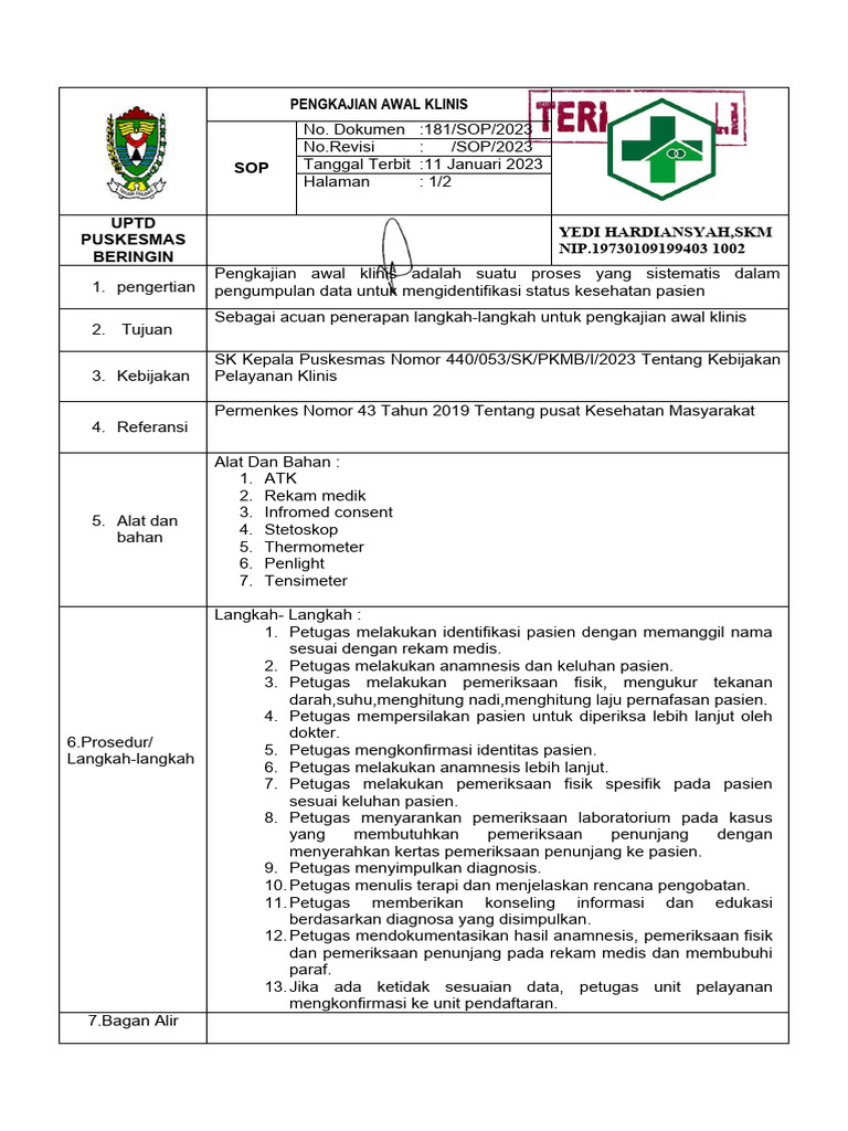SOP Pengkajian Awal Klinis | PDF | Sains & Matematika