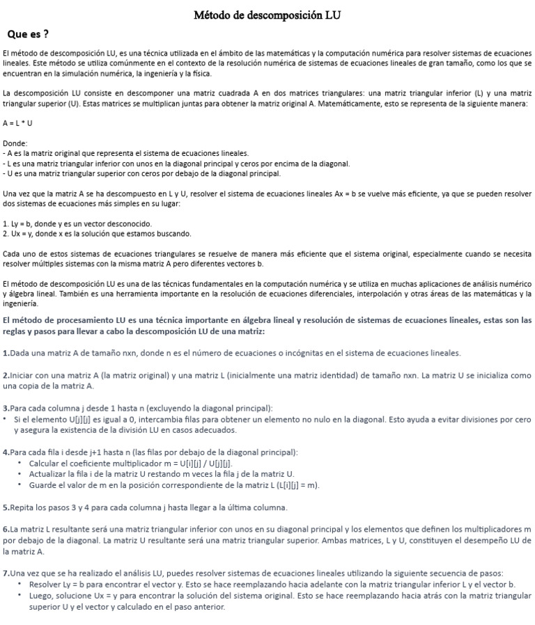 Método de Descomposición LU | Descargar gratis PDF | Matriz (Matemáticas) | Ecuaciones