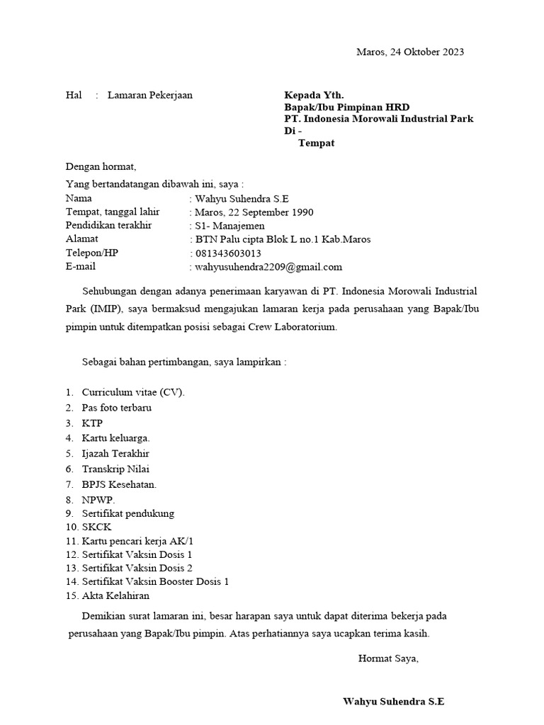 Surat Lamaran PT Imip 2023 | PDF