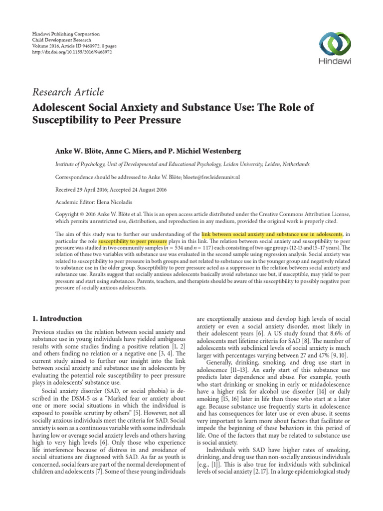 Peer Pressure Article | PDF | Social Anxiety Disorder | Substance Abuse