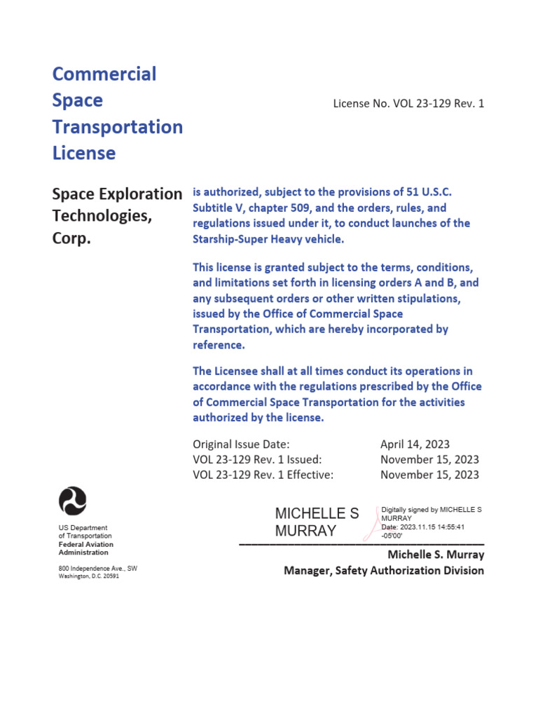 SpaceX Starship Launch License Details | PDF | Space X | Astronautics