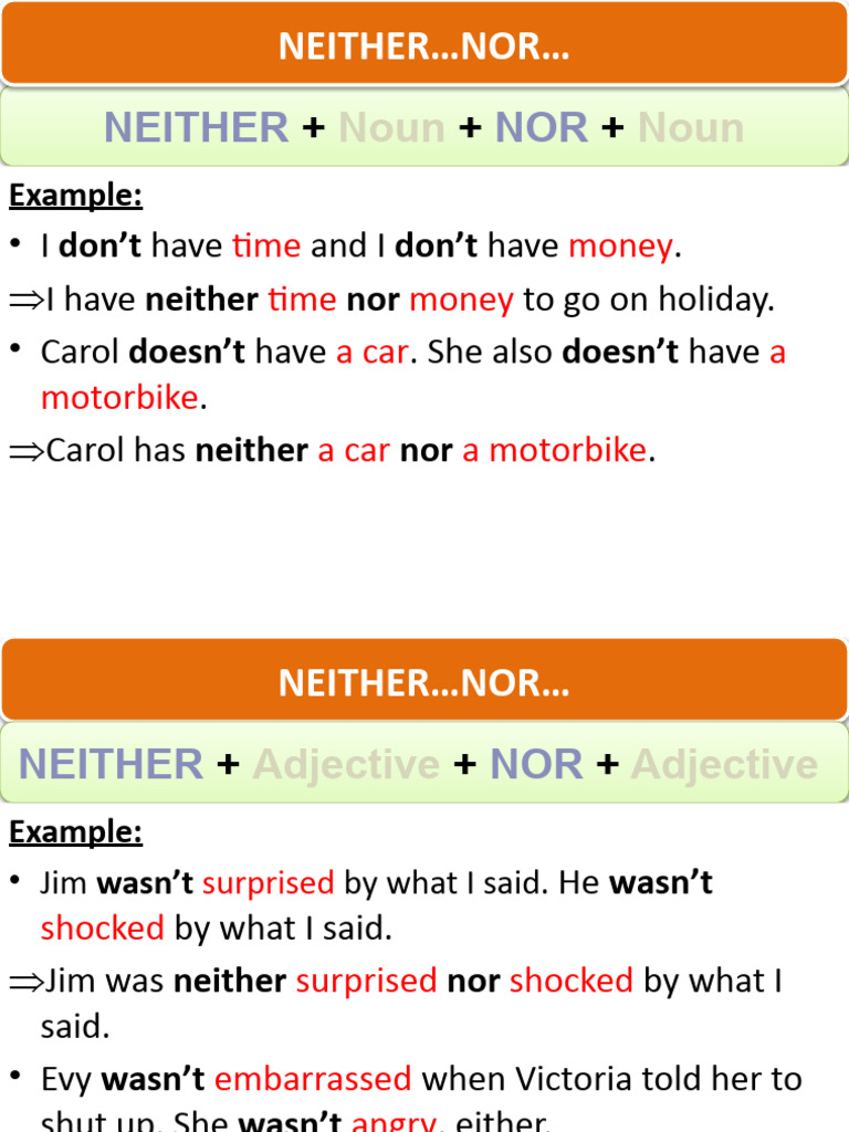 Neither Nor | PDF | Verb | Adjective