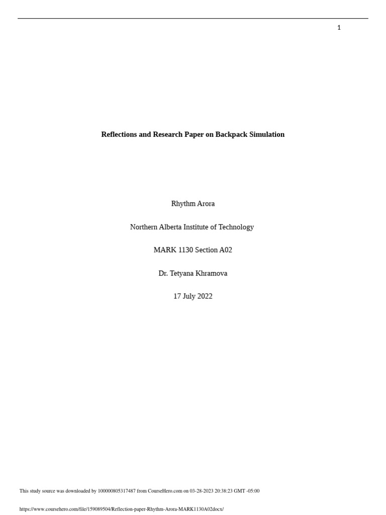 Reflection Paper Rhythm Arora Mark1130a02 Docx Pdf Marketing Backpack