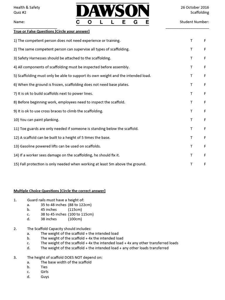 Health and Safety On Construction Sites: Quiz 2 | PDF | Scaffolding ...