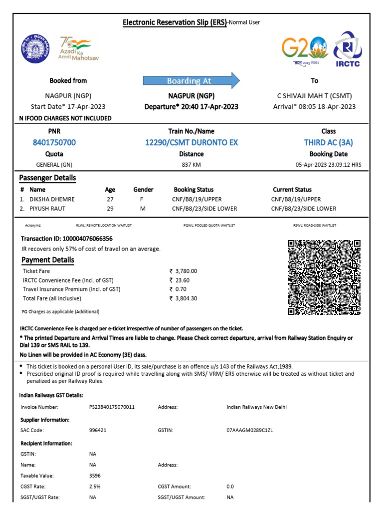 12290/Csmt Duronto Ex Third Ac (3A) | PDF | Identity Document