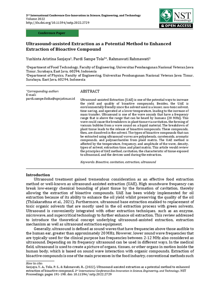Ultrasound-assisted Extraction as a Potential Method to Enhanced Extraction of Bioactive ...