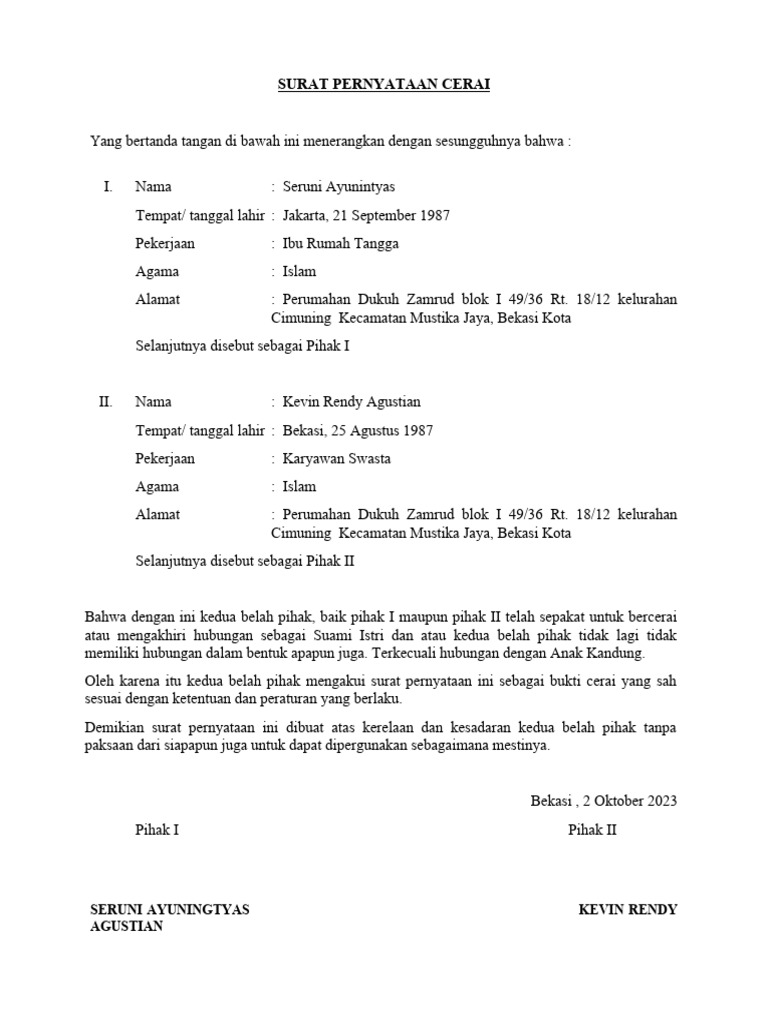 Surat Pernyataan Cerai | PDF