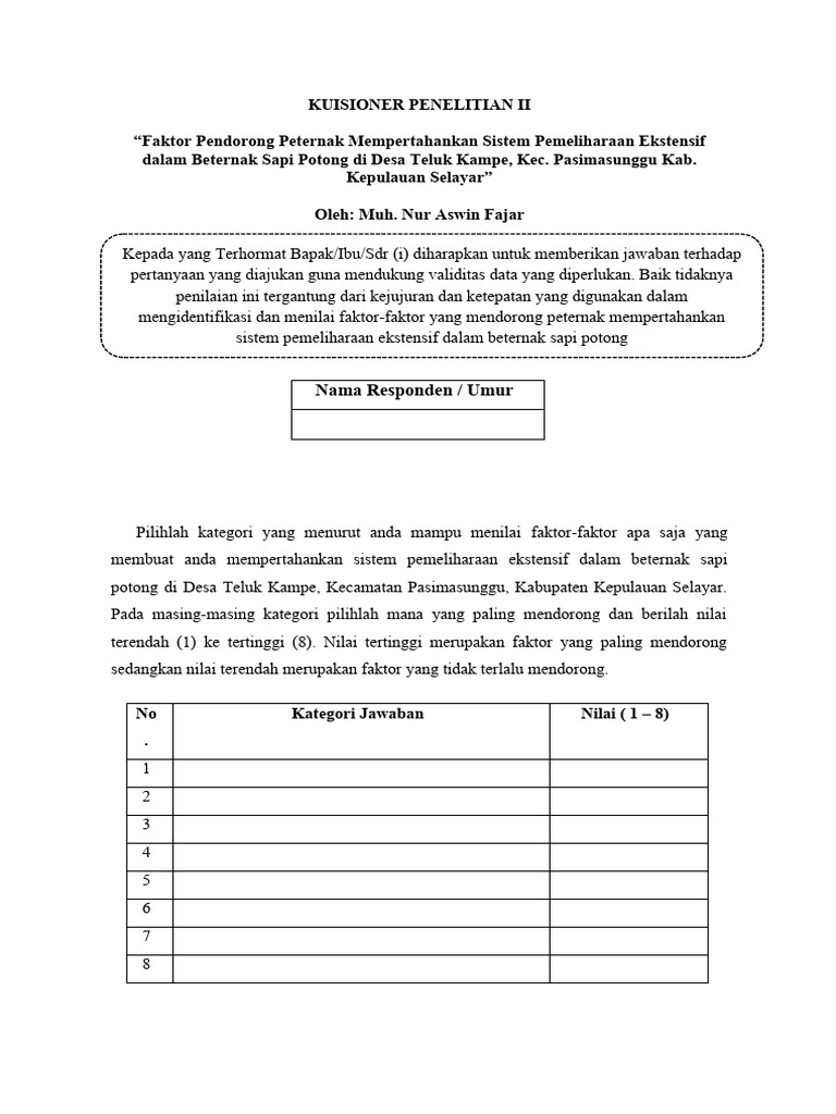 Kuesioner Aswin | PDF