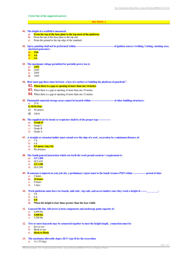 HSE Questionnaire - Test - Construction Safety Notes - Aramco Download ...