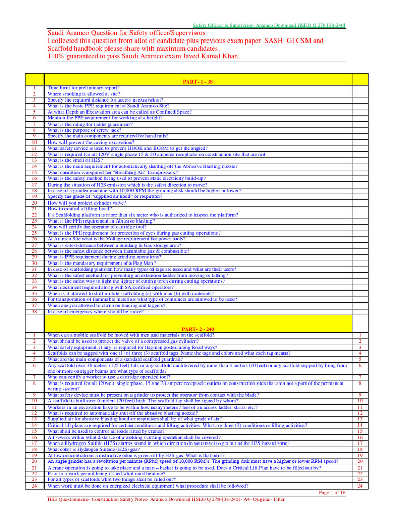 HSE Questionnaire - Construction Safety Notes - Aramco Download HSEO-Q ...