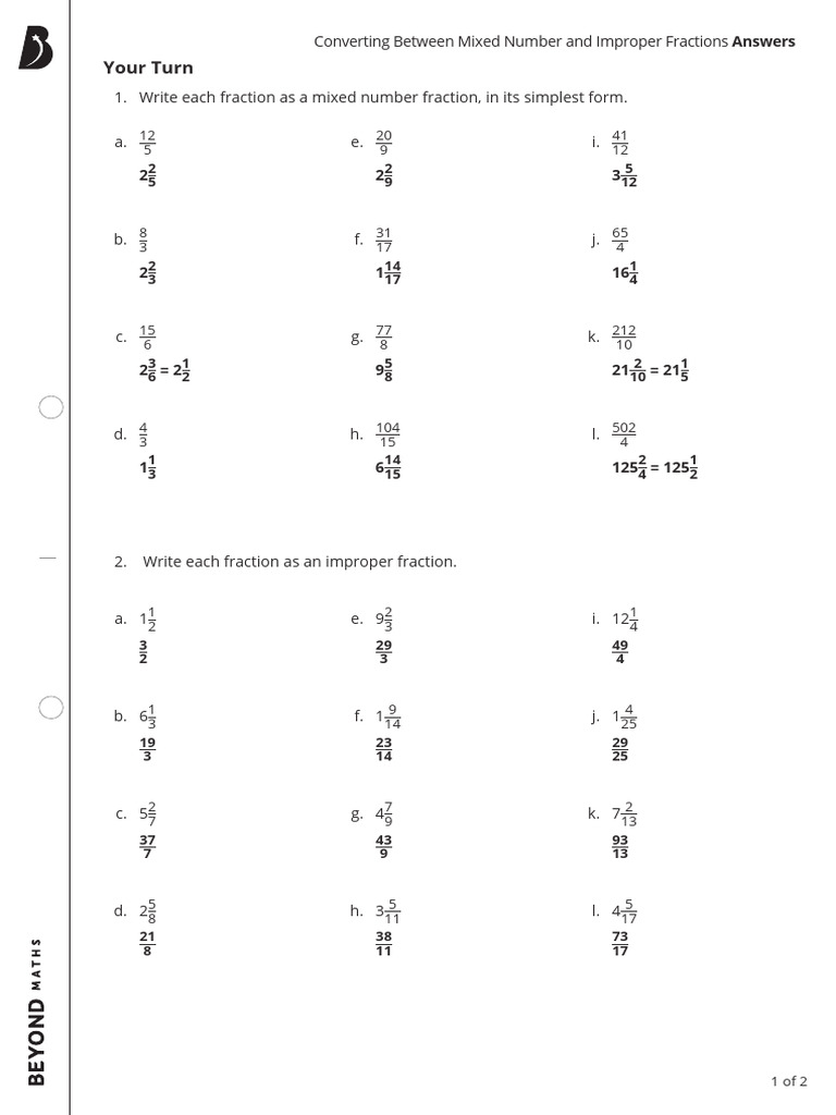 Converting Between Mixed Number and Improper Fractions (Answers) | PDF