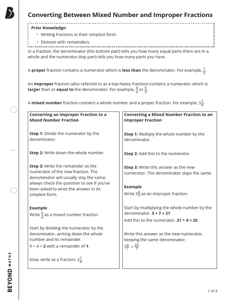 Converting Between Mixed Number and Improper Fractions (Print) | PDF ...
