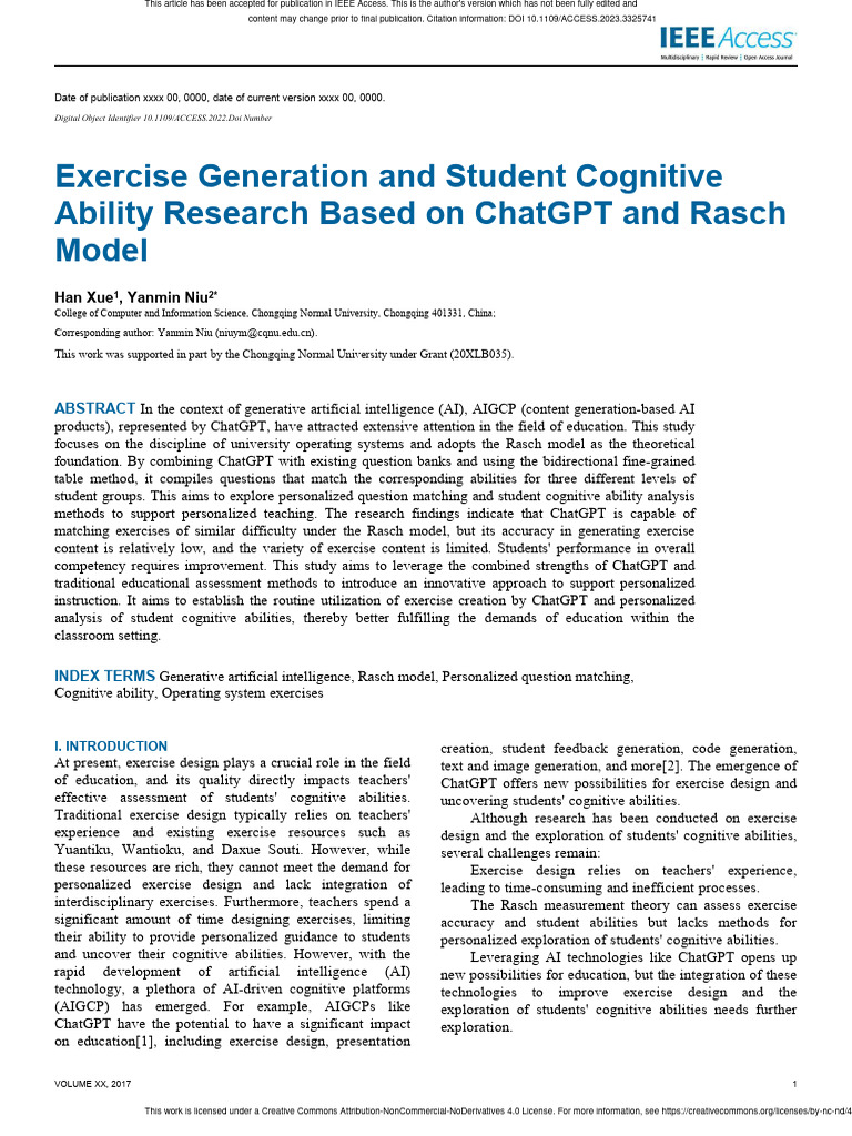Exercise Generation and Student Cognitive Ability Research Based on ChatGPT and Rasch Model ...