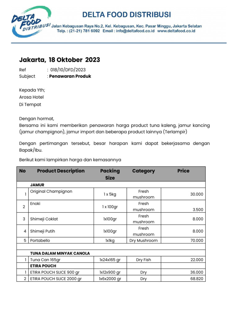 Quotation Delta Food For Arosa Hotel. | PDF