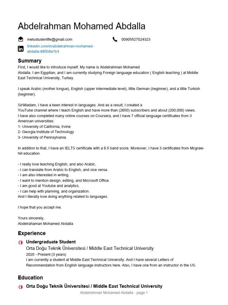 Resume Abdelrahman Mohamed Abdalla | PDF | English Language | Human Communication