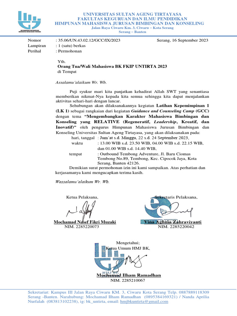 Surat Permohonan Izin Ortu Kegiatan LK 1 (Peserta) | PDF