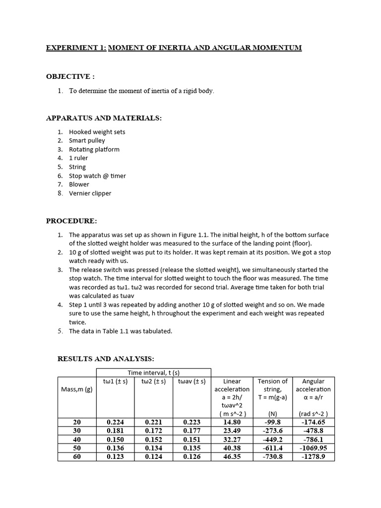 Experiment 1 Moment of Inertia and Angular Momentum | PDF | Weight | Angular Momentum