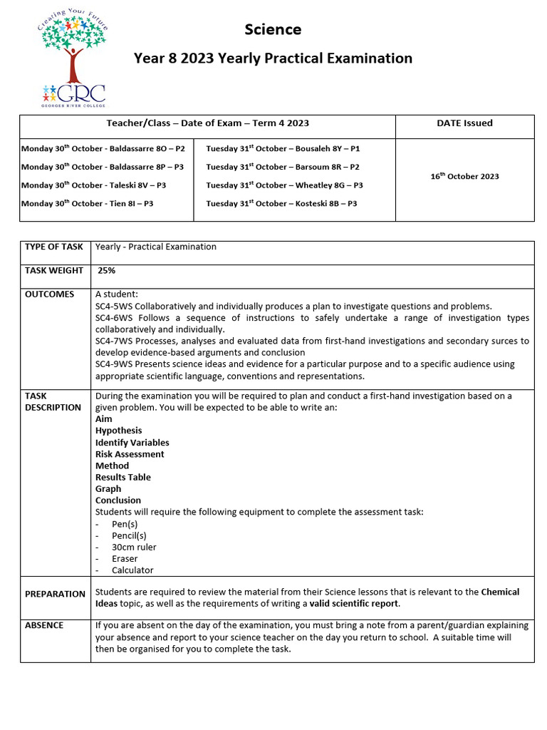 Year 8 Science Yearly Practical Notification 2023 | PDF | Science ...