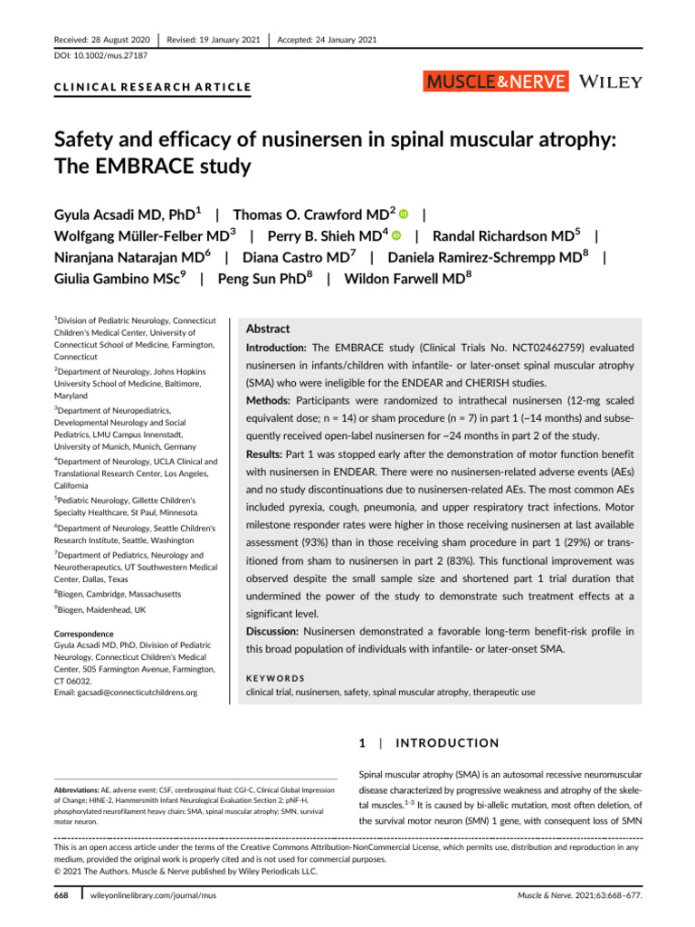 Safety and Efficacy of Nusinersen in Spinal Muscular Atrophy The ...