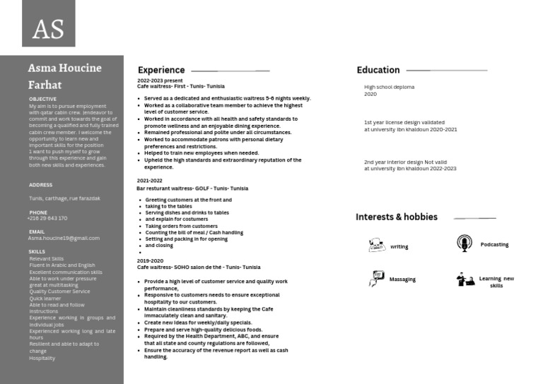 Asma CV | PDF | Waiting Staff | Restaurants