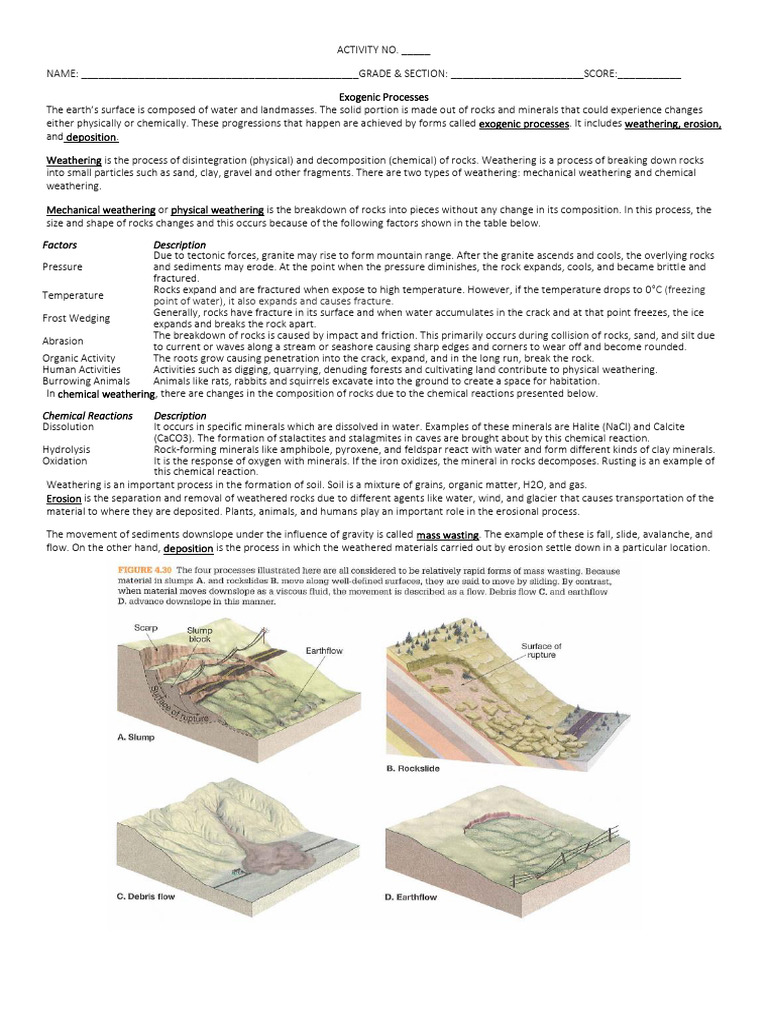 Activity 4 Exogenous Processes | PDF | Weathering | Rock (Geology)
