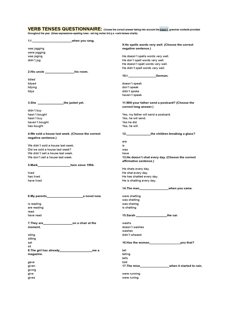 Verb Tenses Questionnaire | PDF | Grammatical Tense | Verb