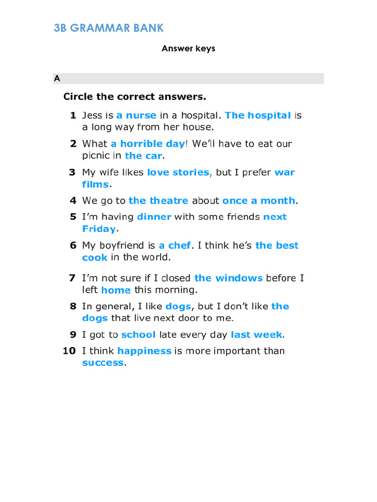 3b Grammar Bank Answer Keys | PDF