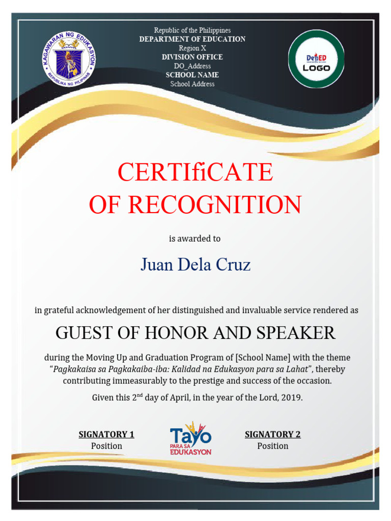 Certificate of Recognition for Guest Speaker | PDF