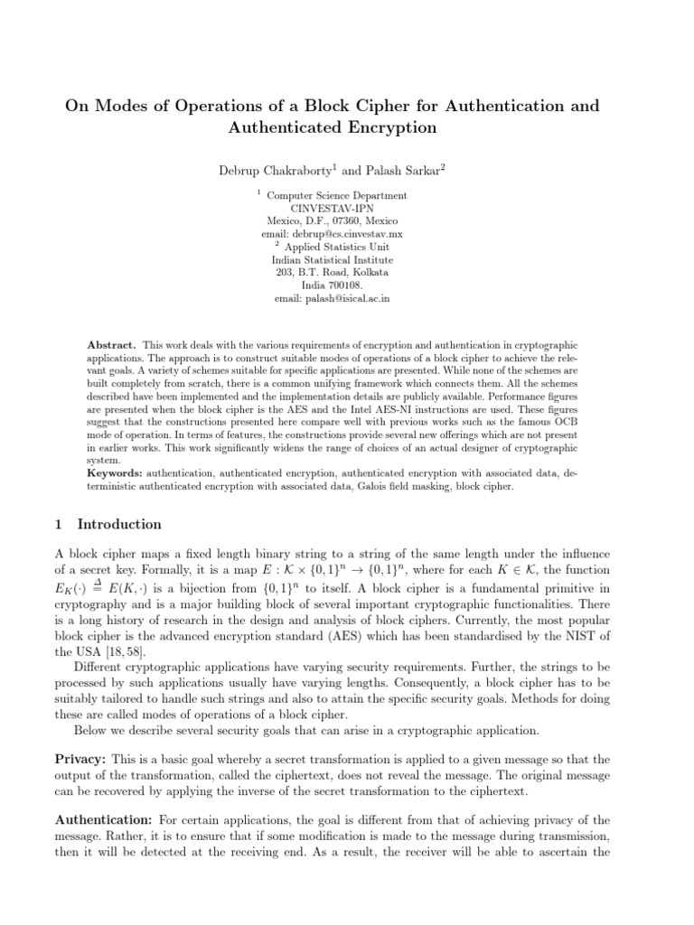 On Modes of Operations of A Block Cipher For Authentication and Authenticated Encryption | PDF ...