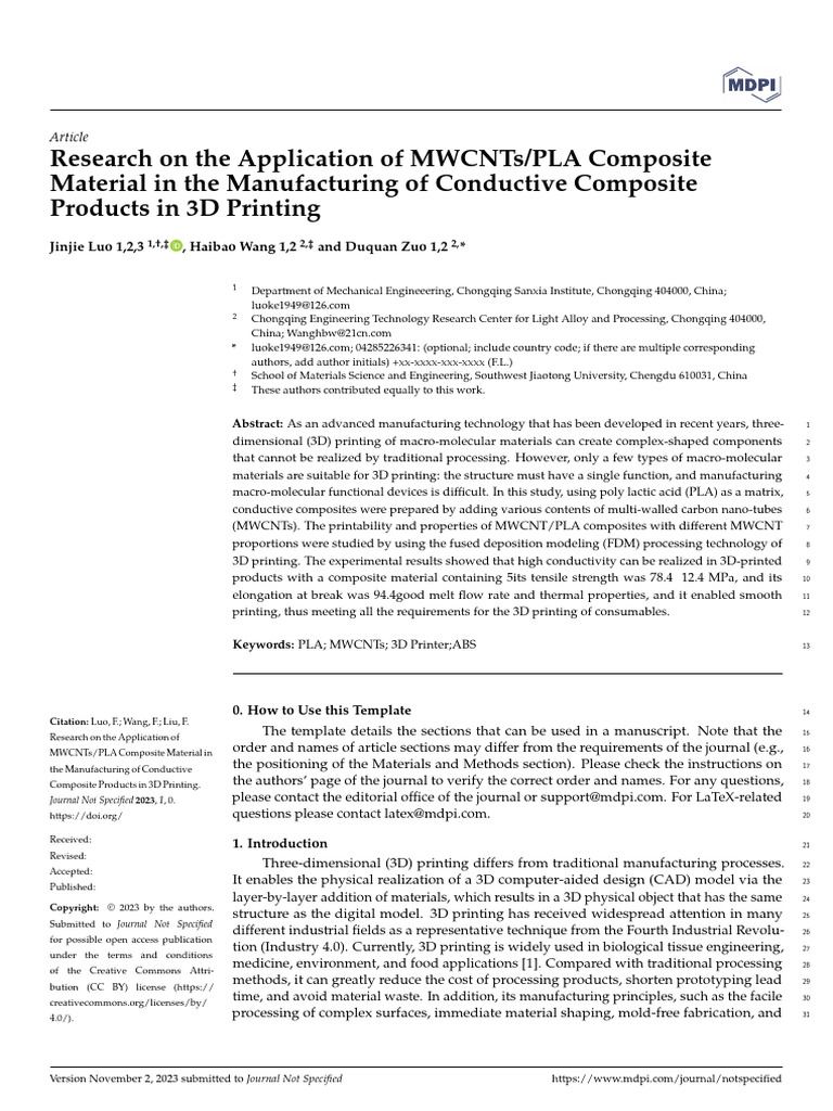 MDPI Article Template 1 | PDF | Carbon Nanotube | 3 D Printing