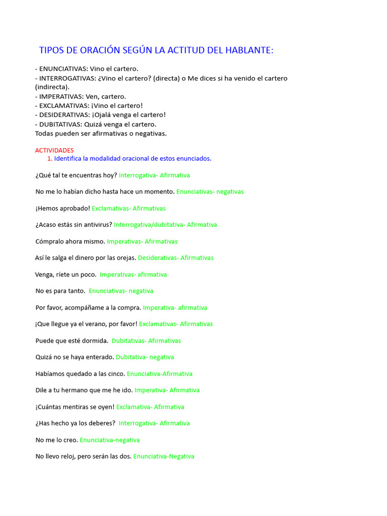 Tipos de Oración Según La Actitud Del Hablante | PDF