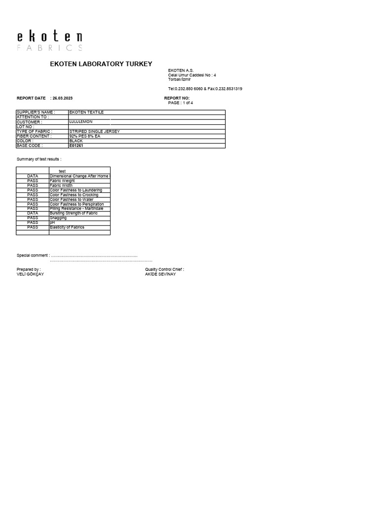Ekoten Textile Test Report - Lululemon - E01261 | PDF | Textiles ...